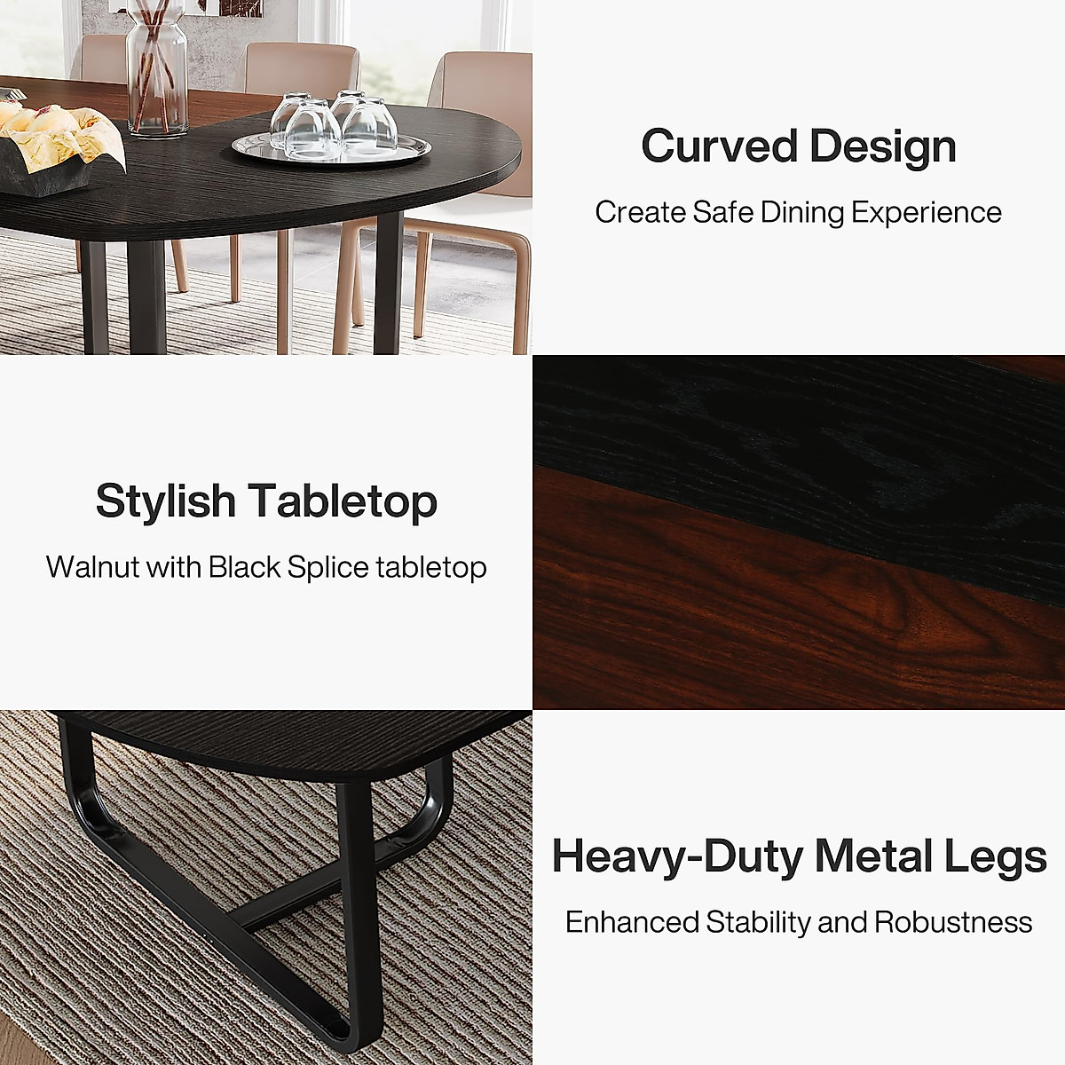 Tribesigns 70.86" Modern Oval Dining Table with Walnut and Black Finish Splicing Board, Curved Kitchen Tables for 6-8, Large Dining Room Table with Stylish Metal Legs (Walnut+Black)