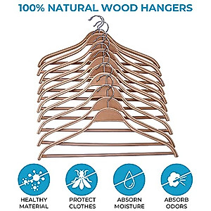 JS HANGER Wooden Coat Hangers, 10 Pack Light Weight Wood Coat/Suit Hangers with Non-Slip Pant Bar, Natural Finish