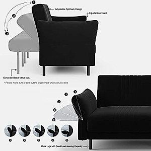 Belffin Velvet Futon Sofa Bed Convertible Futon Couch Split Back Upholstered Modern Sleeper Sofa Elegant Black