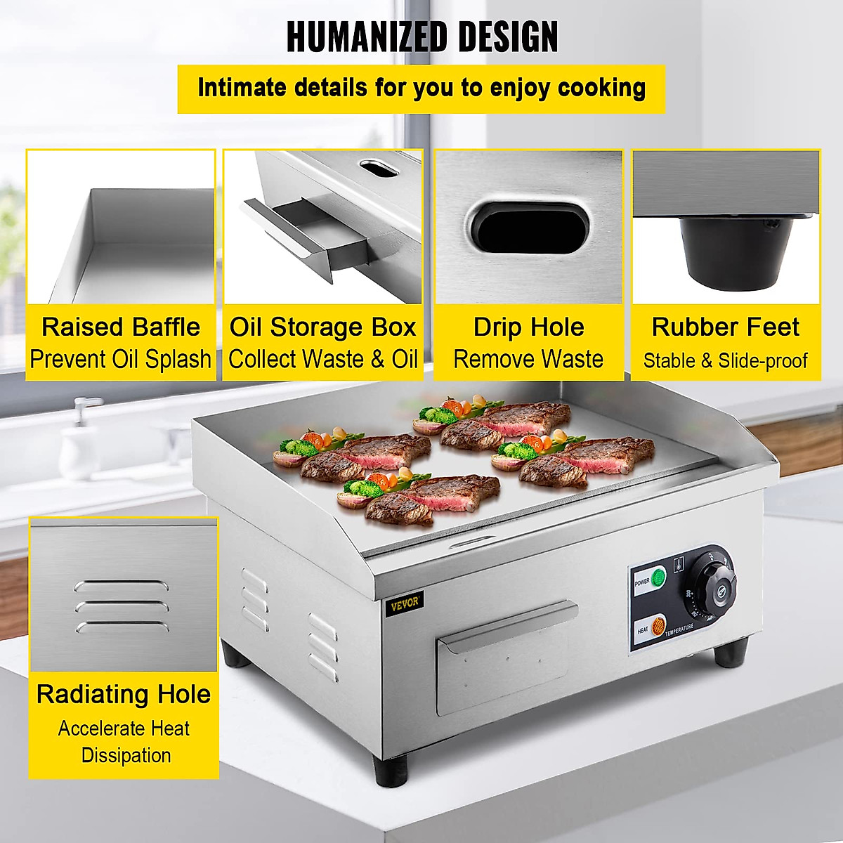 VEVOR 14" Electric Countertop Flat Top Griddle 110V 1500W Non-Stick Commercial Electric Griddles Restaurant Teppanyaki Grill Stainless Steel Adjustable Temperature Control 122°F-572°F, Sliver