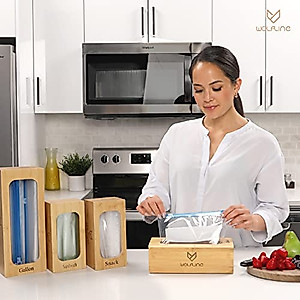 Wolfline Ziplock Bag kitchen drawer organizer, Bamboo plastic bag holder, Premium food storage bag organizer for gallon quart sandwich and snack, Bigger box size for quart slider bags, Silicone grip pad, 4pcs bamboo drawer organizer