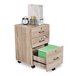 VINGLI Mobile 3 Drawer File Cabinets for Under Desk, Wooden Filing Cabinets for Home Office, Printer Stand & File Cabinet with Lock, 26-in H(Caster Included), Oak