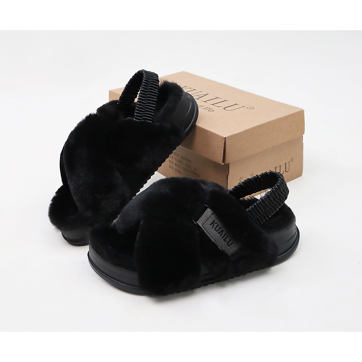 KuaiLu Womens Fuzzy Criss Cross Band Platform Slippers Back Strap Arch Support Furry Faux Fur Ladies Open Toe Slingback Slide Cozy Soft Plush Fleece Comfy House Shoes Sandals Indoor Outdoor Black 8