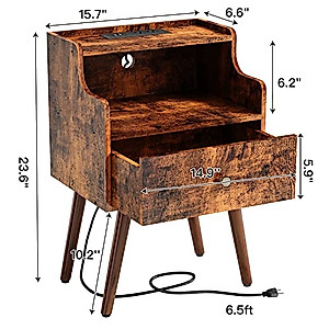 NONGSHIM Nightstand, Side Table with Charging Station, Mid-Century Modern Night Stands, Bedside Table with Storage Drawer and Solid Wood Legs, Accent End Table for Living Room, Bedroom, Rustic Brown