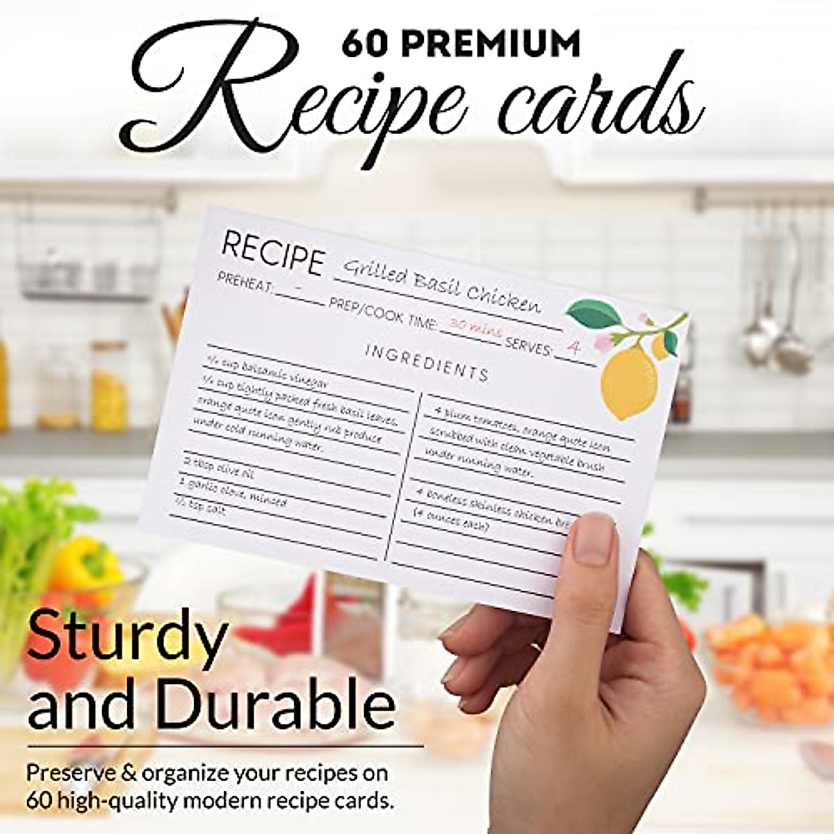 60 Recipe Cards 4x6 - Double Sided for Recipe Book, Recipe Box, Recipe Tin, or Recipe Binder | Recipe Cards for Bridal Shower, Recipe Organizer, Recipe Holder | Lemon Kitchen Decorations | Lemon Zest
