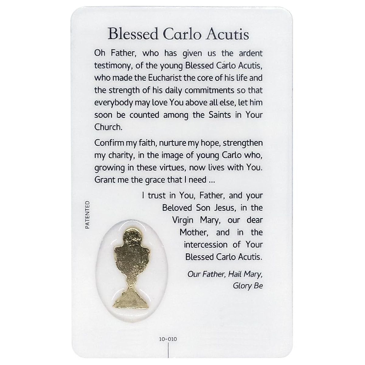 Blessed Carlo Acutis Laminated Plastic Holy Card with Built in Chalice Charm | Prayer on Back | Patron of the Internet | Great Catholic Gift for First Holy Communion | Made in Canada