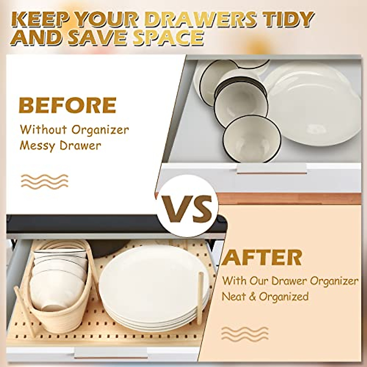 24 x 21 Inch Wood Peg Board System Dish and Plate Organizer Adjustable Wood Drawer Organizer Pegboard Wall Organizer Shelf and Drawer Organizer for Food Containers Cookware Utensils