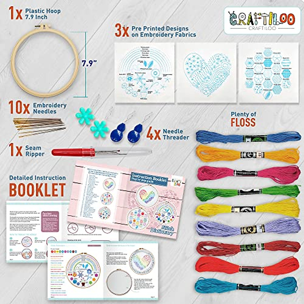 Learn 30 Stitches Heart Embroidery kit for Beginners with Stamped Embroidery Patterns Starter Kit. Needlepoint Cross Stitch for Kids & Adults