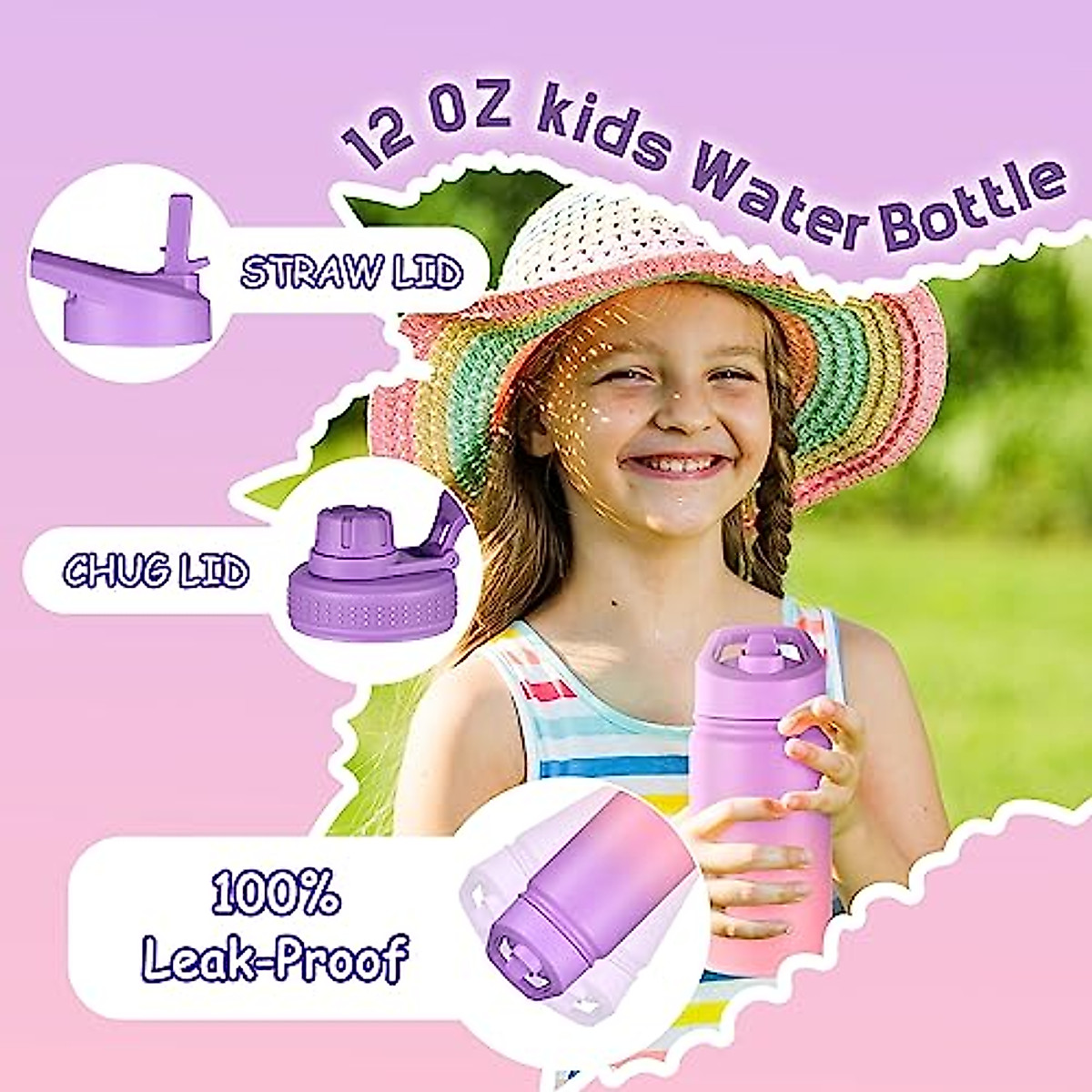 Mininoo Insulated Kids Water Bottle, 12 oz Stainless Steel Water Bottle Kids with Straw Lid and Chug Lid for Girls, Boys (Purple/Pink)