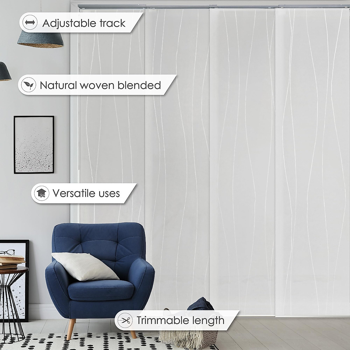 GoDear Design Adjustable Sliding Window Panel Track Blinds 45.8"- 86" W x 96" H, Extendable Vertical Blinds, Sliding Hanging Room Dividers, White Trimmable Fabric Shades, Light Filtering, Catch Me