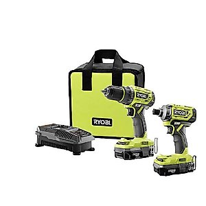 Ryobi 18-Volt ONE+ Lithium-Ion Cordless Brushless Drill/Driver-Impact Driver 2-Tool Kit w/(2) 1.3 Ah Batteries, Charger,