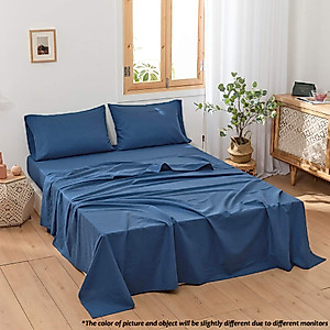 Simple&Opulence Belgian Linen Sheet Set Solid Color - 4 Pieces (1 Flat Sheet, 1 Fitted Sheet & 2 Pillowcases) Natural Flax Cotton Blend Soft Breathable Farmhouse Bedding - Queen Size, Classic Blue