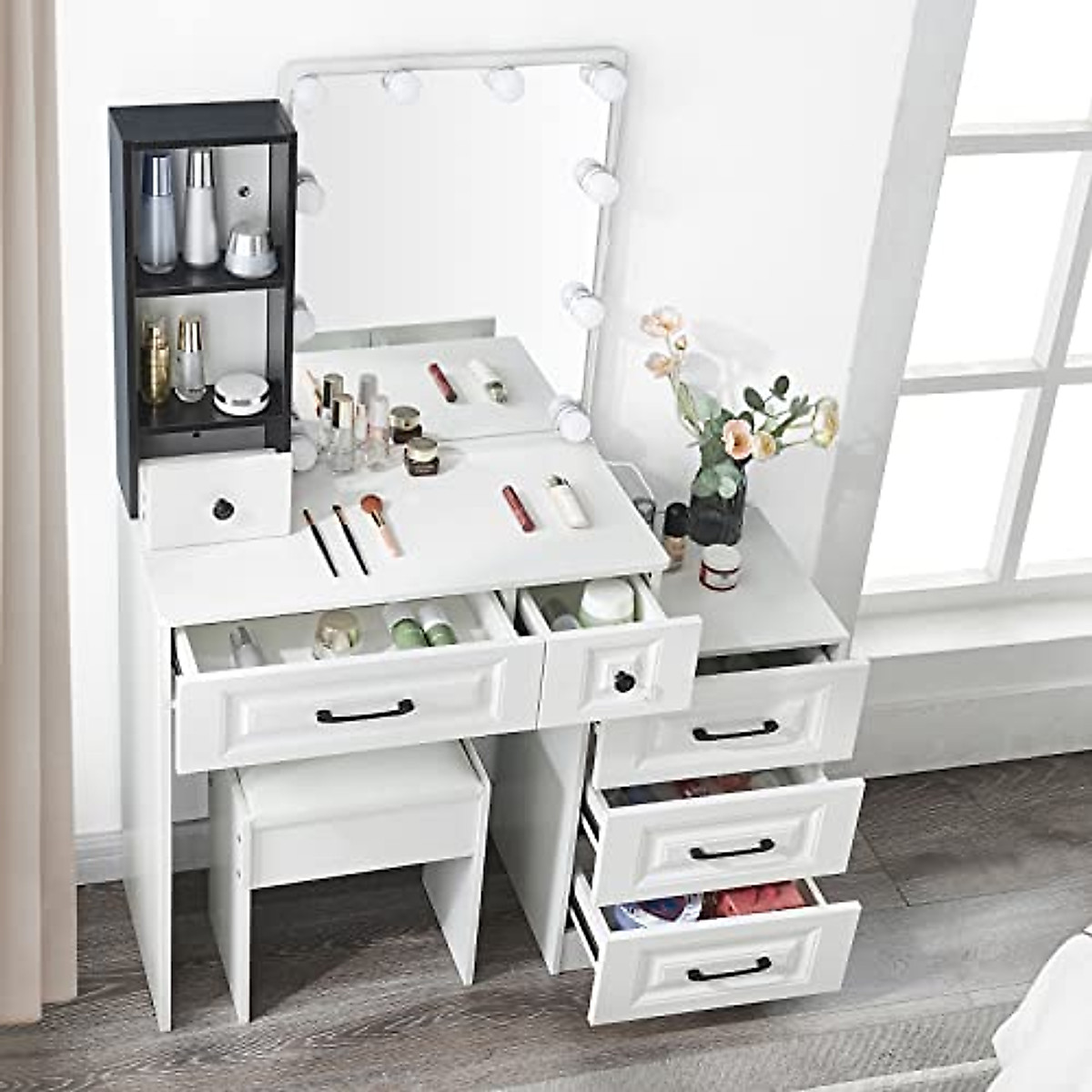 Kkonetoy Modern Makeup Vanity Desk with Lights and Table Set, White Vanity Table Set with Drawers & Cushioned Stool for Bedroom, Dresser Dressing Table for Girls