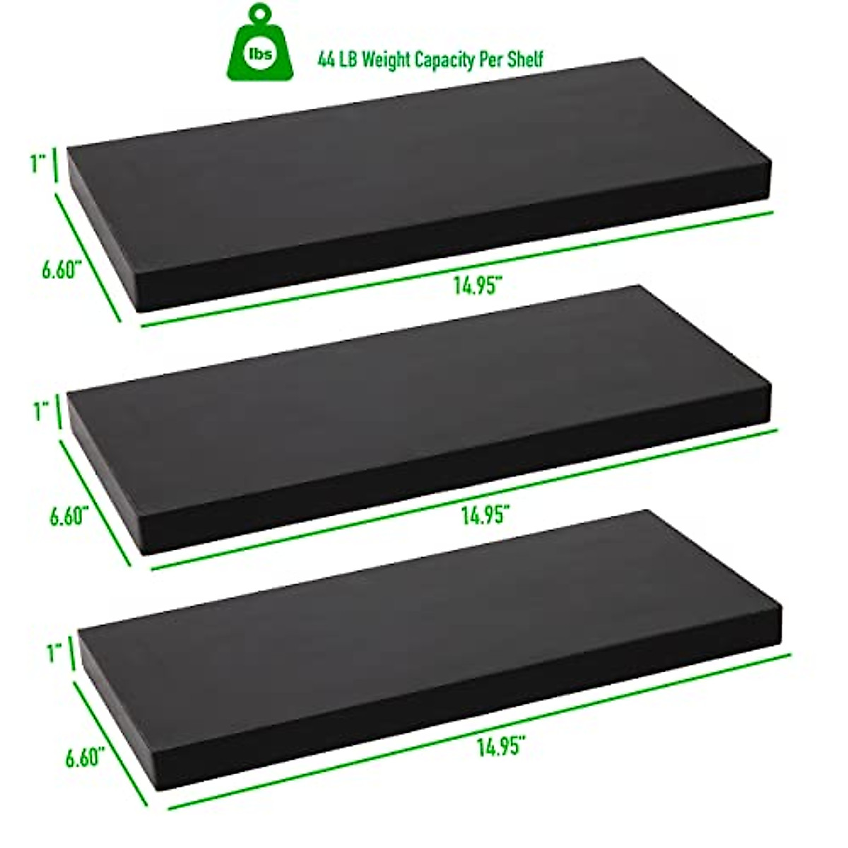 Mind Reader 3 Pack of Floating Wall Shelves with Invisible Brackets for Living Room, Bedroom, Bathroom, Kitchen Decor, Black