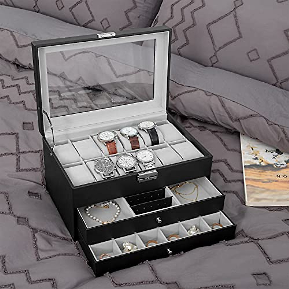 Oyydecor Jewelry Box Watch Box PU Leather Case Organizer Wooden Storage Organizer for Storage and Display Men's & Women's Gift Business (3layers-Gray)