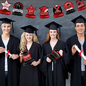 9Pcs 2023 Graduation Party Decorations, Black and Red Honeycomb Table Centerpieces, Graduation Décor Table Topper, Kindergarten Preschool College High School Graduation Party Favor and Supplies