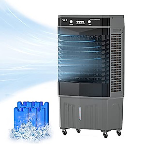 VCJ Portable Evaporative Air Cooler, 3 in 1 Cooling Fan with 6 Ice Crystal Boxes, Large Water Tank and Casters, 3-Mode 3-Speed Air Swamp Cooler for Room Home Office