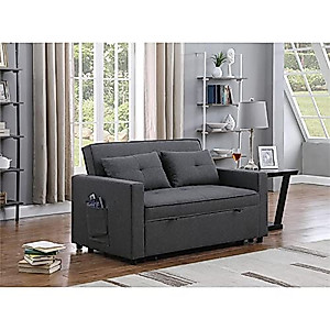 BOWERY HILL Dark Gray Linen Fabric 3-in-1 Convertible Sleeper Loveseat with Side Pocket