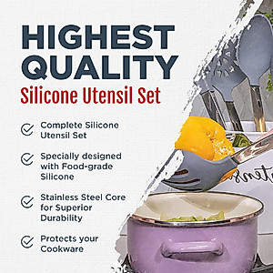 Culinary Couture 6-Piece Stainless Steel & Silicone Kitchen Utensils Set, Silicone Cooking Utensils, Heat Resistant Kitchen Cooking Utensils Set, Grey