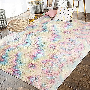 Soft Fluffy Area Rug,Super Cozy Plush Shaggy Rug for Living Room Bedroom Home Decor, Fuzzy Carpet for Kids Girls Nursery Dorm (Rainbow, 4x6 Feet)