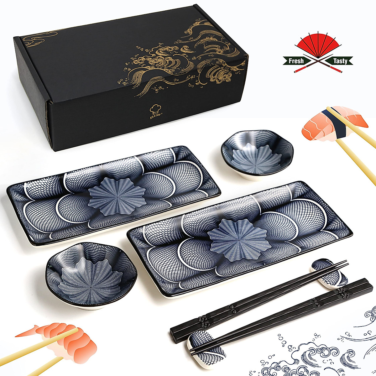 ELUSH 8 Piece Japanese Style Ceramic Sushi Plate Set 10-inch rectangle sushi dishes- 2 Sushi Plates, 2 Sauce Dishes, 2 Pairs of Chopsticks, 2 Chopsticks Holders