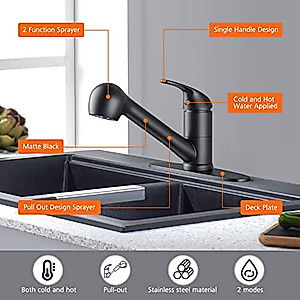 LEPO Pull Out Kitchen Sink Faucets, Single Handle Low Arch Kitchen Faucet with Pull Down Sprayer, Bar Utility Sink Faucets