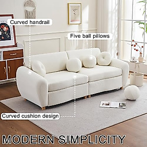 Teddy Fleece Curved Loveseat Sofa Cloud Couch for Living Room, Deep-Seat Love Seat with 5 Decorative Throw Pillows and Solid Wood Legs, 3 Seater Modular Leisure Sofás for Living Room Office
