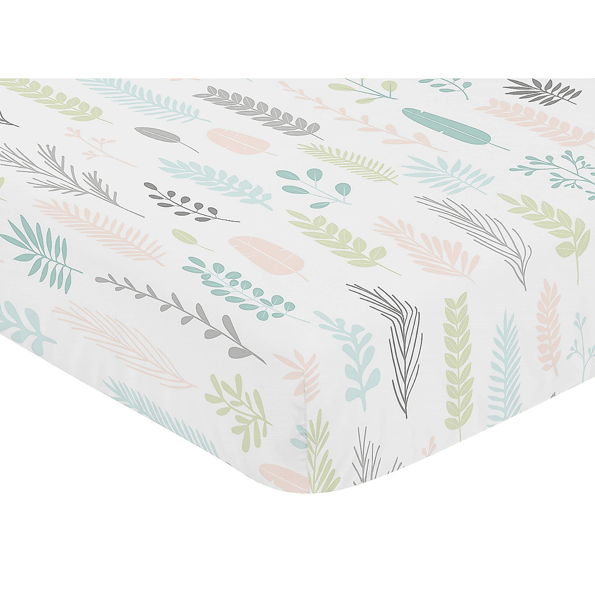 Sweet Jojo Designs Pink and Grey Tropical Leaf Girl Baby or Toddler Nursery Fitted Crib Sheet - Blush, Turquoise, Gray and Green Botanical Rainforest Jungle Sloth Collection