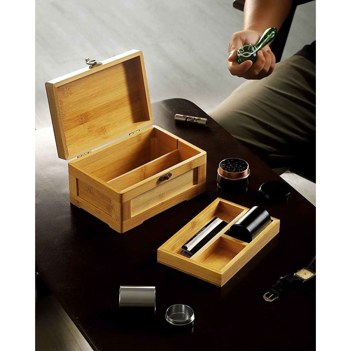 Wooden Stash Box with Rolling Tray Stash Box Combo to Organise your Herbs and Accessories - Rolling Kit with Removable divider - Large stash box and Jewelry box (Bamboo)