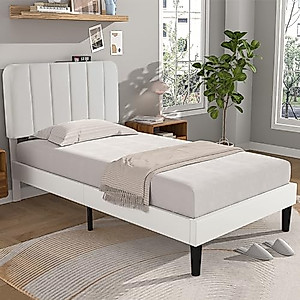 VECELO Twin Size Bed Frame with Adjustable Headboard, Velvet Heavy Duty Platform Beds with Strong Wood Slats Support, No Box Spring Needed, White