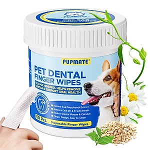 PUPMATE Dental Care Wipes for Dog & Cat- Teeth Cleaning Finger Wipes for Plaque and Tartar Removal, Safe & Gentle Disposable Toothbrush Wipes for Fresh Breath & Gum Care - 50 Pcs