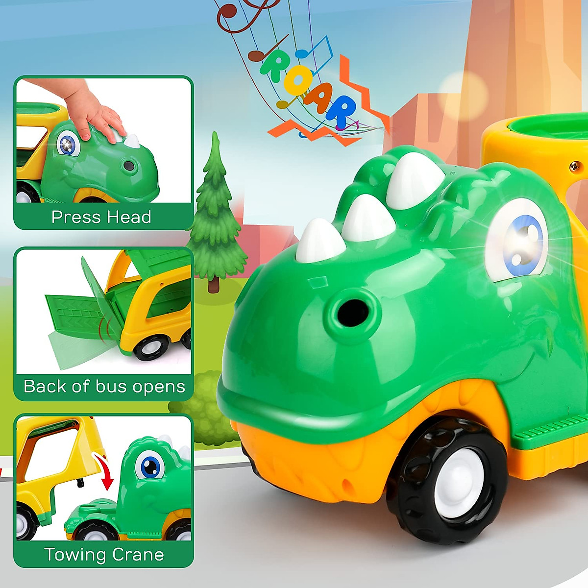 TOY Life Toddler Car Toy for 1+ Year Old, Dinosaur Transport Carrier Truck with 4 Pull Back Dinosaur Cars Dino Figures, Dinosaur Toys for Kids 1 2 3 4 5+, Christmas Birthday Gift for 18M+ Boys Girls