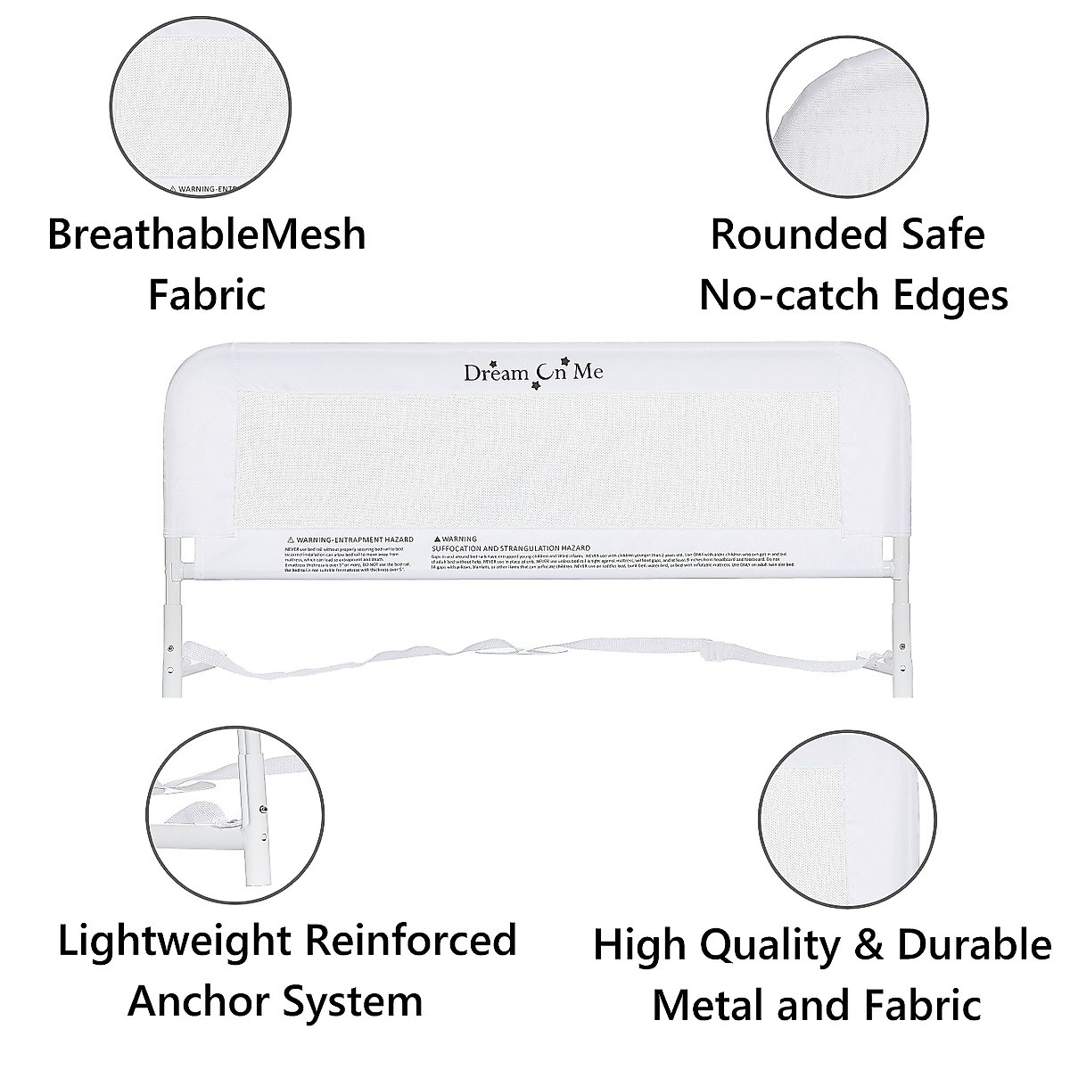 Dream On Me Adjustable Mesh Bed Rail, Two Height Levels, Ready to Use, Compatible with Twin Size Beds, All Steel Construction, Equipped with Guard Gap, Durable Nylon Fabric Mesh, White
