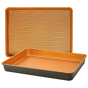 LUCYCAZ 15''x11''x2'' Deep Large Half Sheet Cake Pan Set, 1/2 Size Rectangle Copper Baking Pans Cookie Sheets Bakeware Toaster Oven Nonstick Set for Home Kitchen Muffin Bread Pan Heavy Duty, 2-Piece