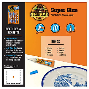 Gorilla Super Glue, Four 3 Gram Tubes, Clear, (Pack of 10)