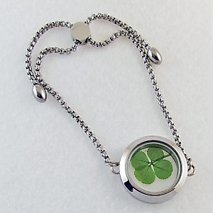 Clovers Online Genuine Preserved Four Leaf Clover Good Luck Charm Floating in a Stainless Steel Bolo Bracelet