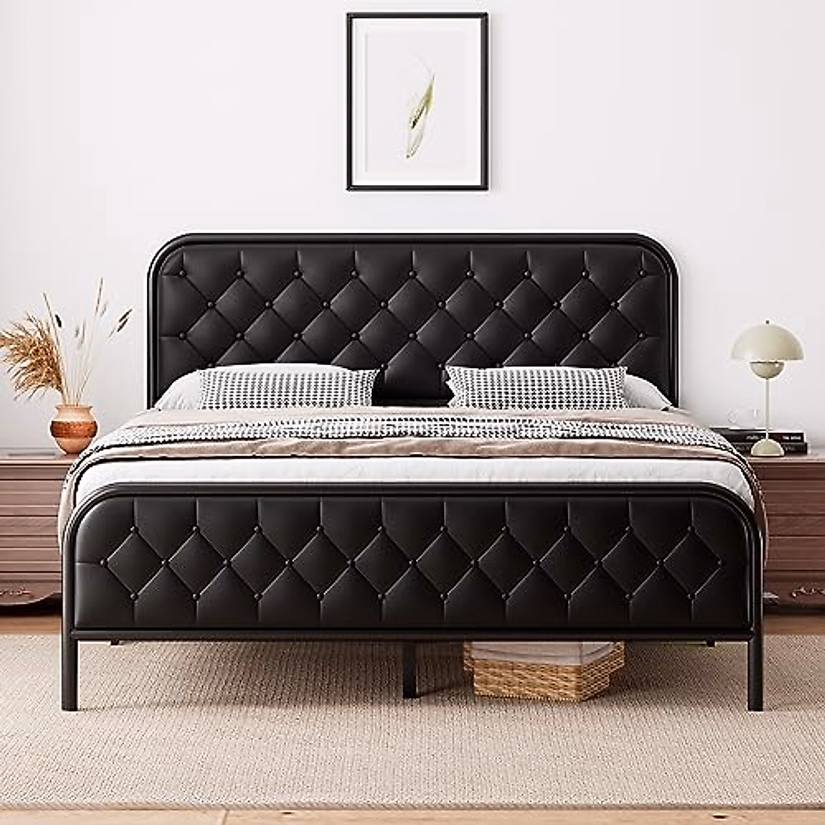 iPormis Upholstered Queen Platform Bed Frame, Heavy Duty Mattress Foundation, 12" Under Bed Space, Metal Slats Support, Button Faux Leather Headboard, Easy Assembly, Noise Free, Black