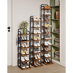 Hzuaneri Vertical Shoe Rack, Shoe Shelves, Wood Shoe Organizer for Closet, Entryway, Shoe Tower for Small Spaces, Free Standing, Adjustable, with 2 Hooks, 10 Tier Rustic Brown SR11201B