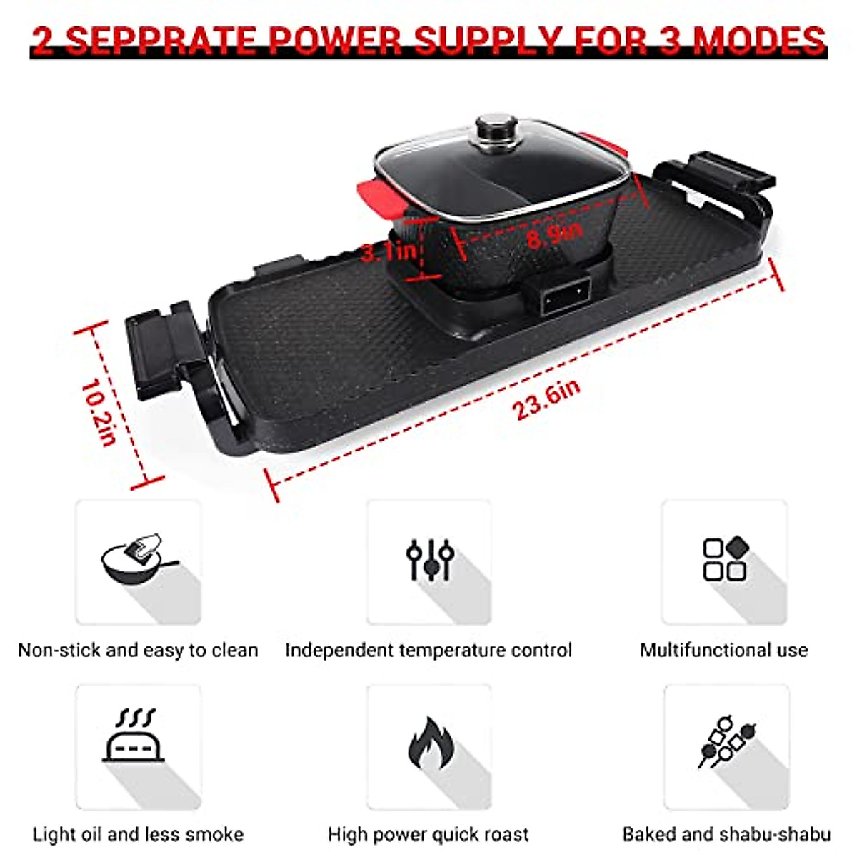 Barbecue Hot Pot 2 In 1, Indoor Korean BBQ, Dual Control Shabu Shabu, Hot Pot with Grill, Multifunction Smoke Free Stove Portable with Free Spoons, Brushes, Pliers, Strainer Scoops 110v.