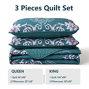 Dobuyly Teal Quilt Set Queen Size, 3 Pieces Boho Damask Green Bedspread Coverlet Set with 2 Pillowcases, Soft Lightweight Microfiber Luxury Quilt Bedding Set for All Season 96"x90"