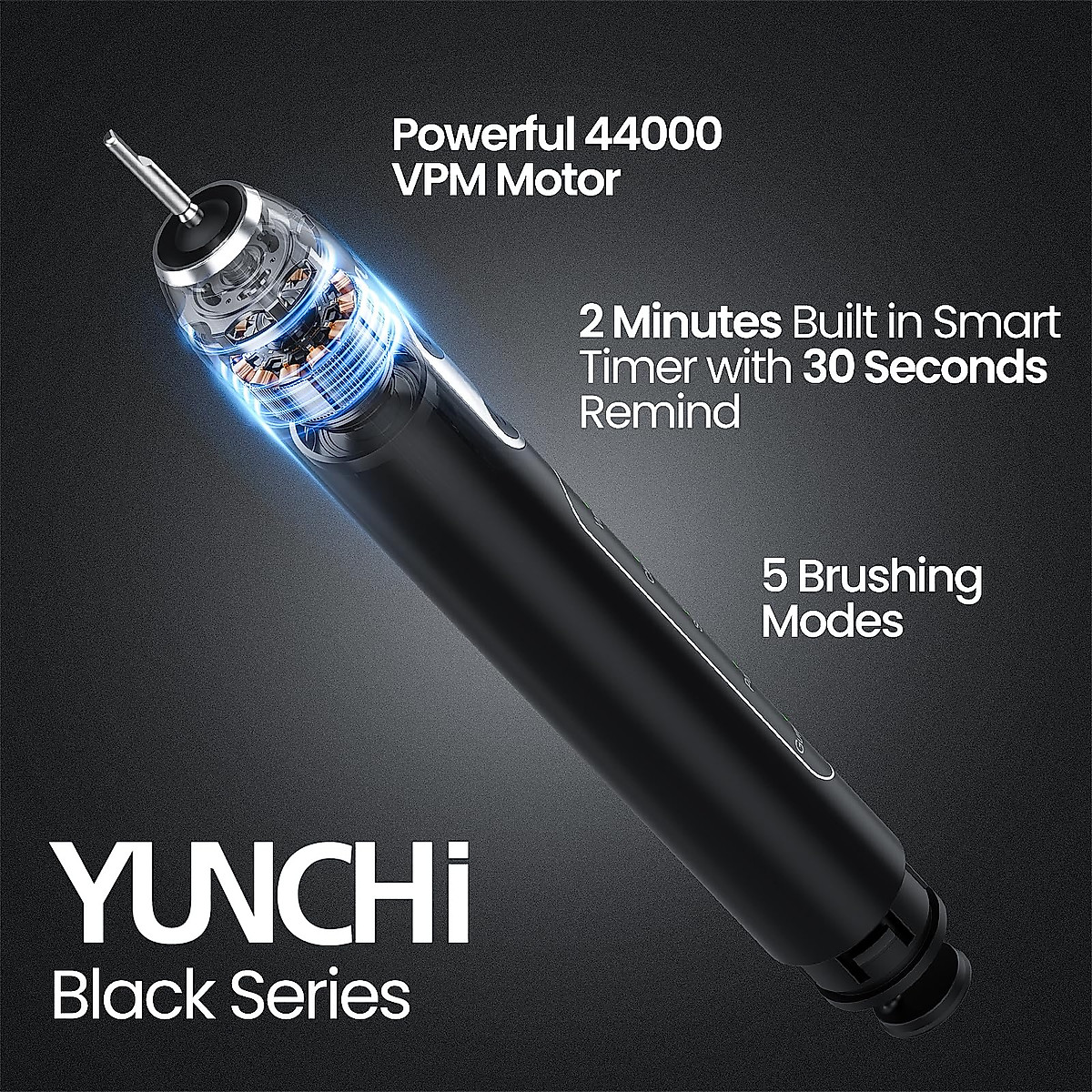 YUNCHI Y2 Charcoal Sonic Electric Toothbrush - Whitening, 5 Modes, Smart Timer, 8 Brush Heads, Rechargeable, For Adults and Kids