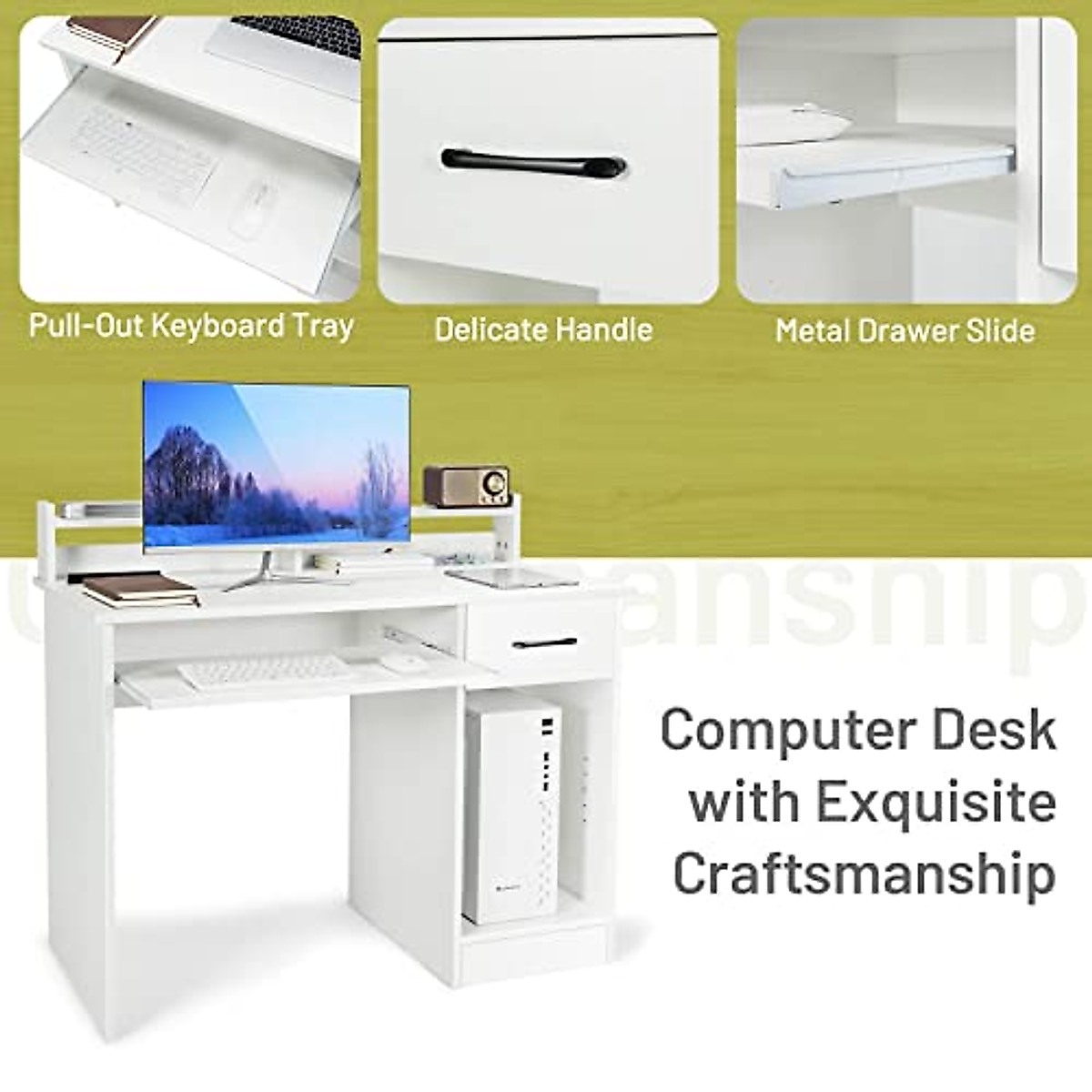 Tangkula White Computer Desk with Drawer & Keyboard Tray, 22 Inch Wide Modern Study Writing Desk with Desktop Hutch & Storage Shelves for Kids, Wood PC Laptop Desk, Desk for Bedroom