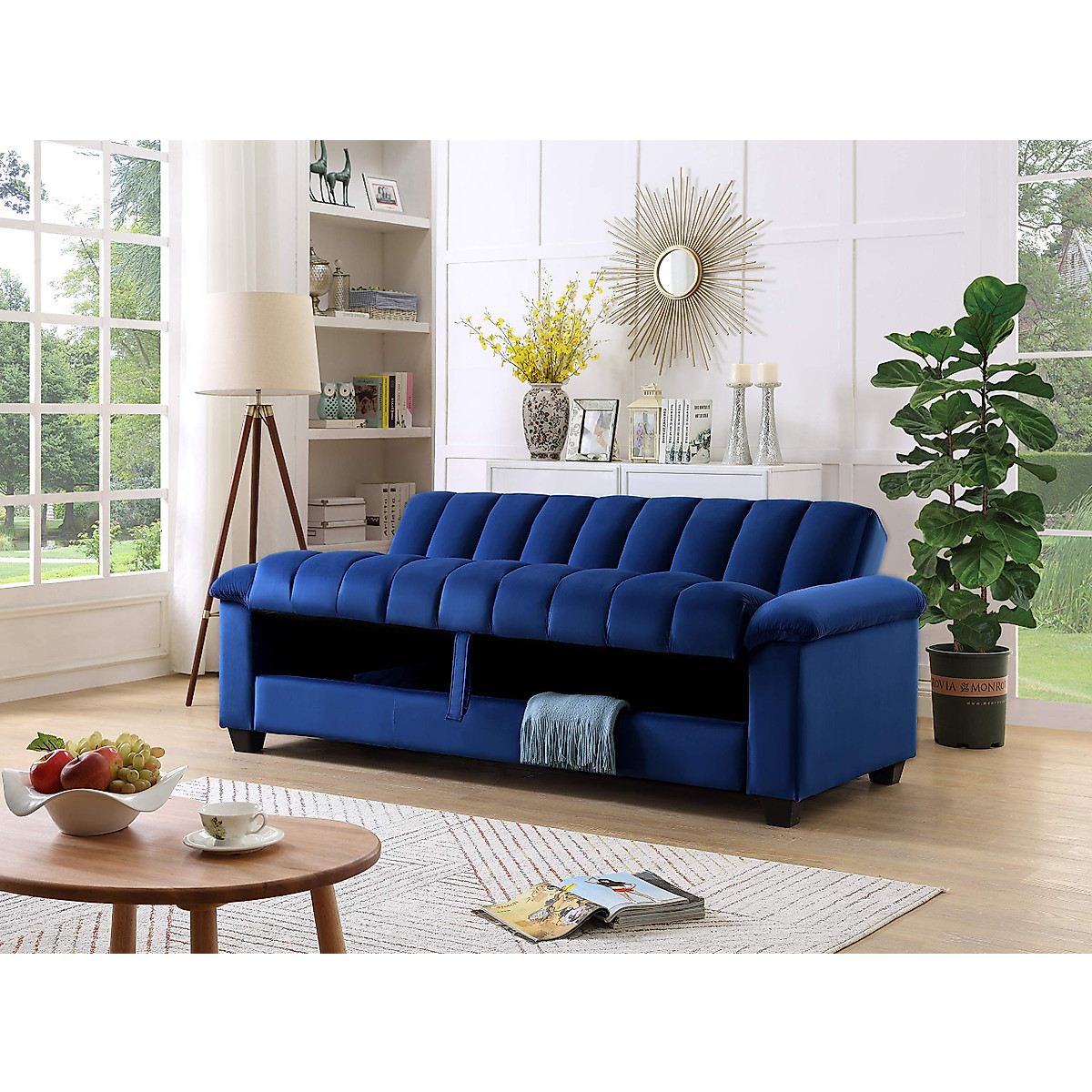 Legend Vansen 83" Convertible Modern Velvet Storage Sleeper Sofa Bed in Blue