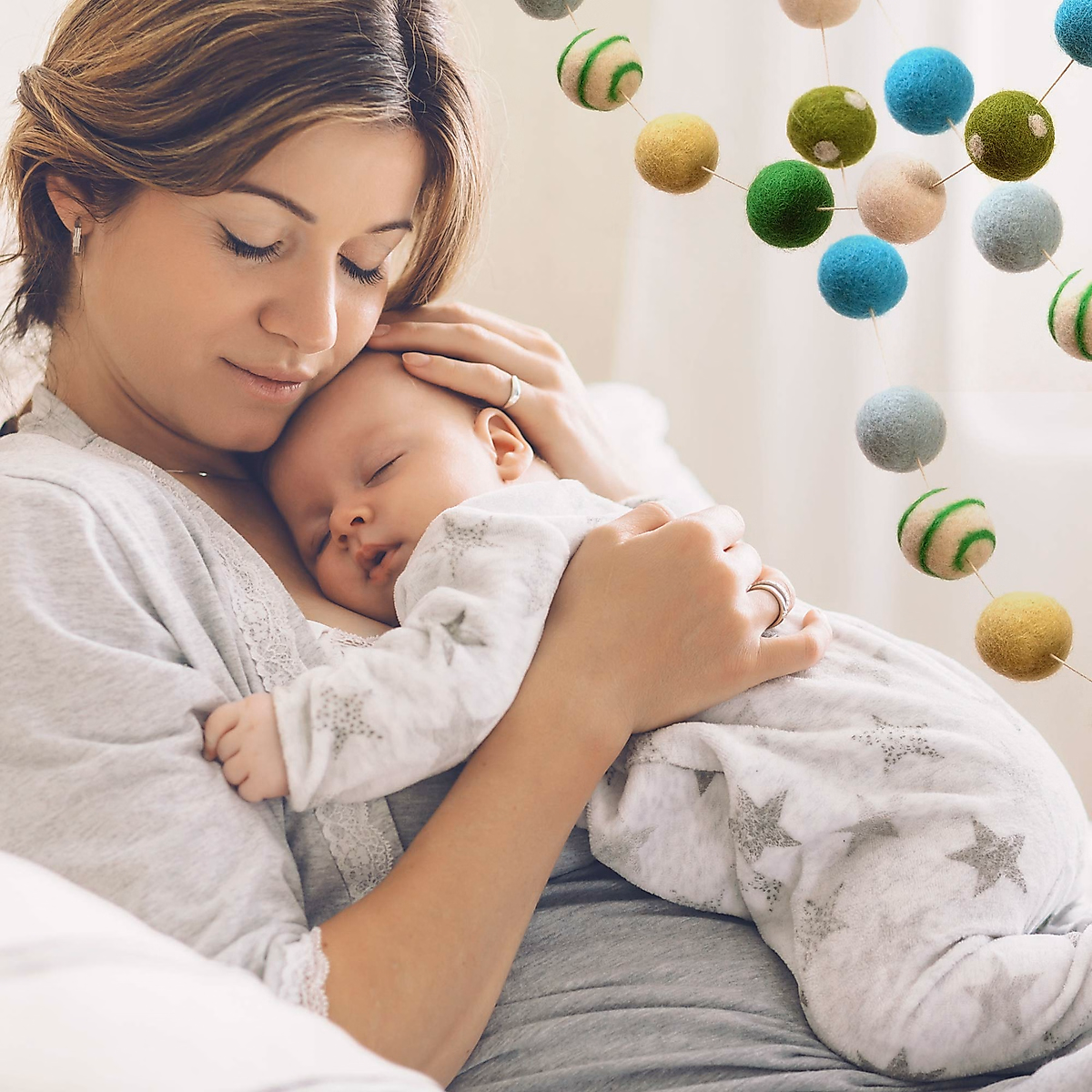 Glaciart One St. Patrick's Day Felt Ball Garland - Pre-Assembled Irish Party Decoration - Pompom Party Decor - 100% Natural Wool Pom Poms with Cotton String - 8 Feet