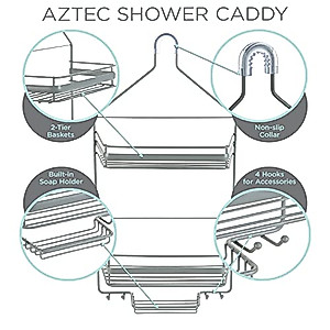 Bath Bliss Regency Hanging Shower Caddy | Bathroom Storage & Organization | Shower Head Hang | 2 Baskets and Razor Hooks | Soap Bar Tray | Metal | Grey