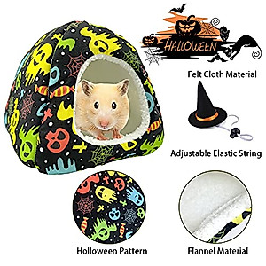 Vehomy Small Animal Halloween House Hideout & Costume Set- Hamster Cave House Bed Nest Hideout with Ghost Candy Spider Net Pattern Hamster Witch Hat Bowtie for Rodent Chinchilla Hedgehog