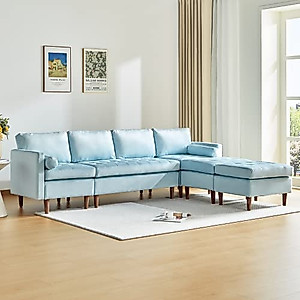ORRD U-Shape Convertible Sectional Sofa, Modular Sleeper Couch Chaise Modern 6 Seater Velvet Sofa for Living Room, Bedroom, Apartment (Light Blue)