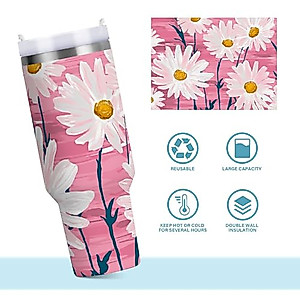 PaChyLuu 30 oz Insulated Tumbler with Handle and Straw Lid, Adorable Daisy Leak-Proof Stainless Steel Travel Coffee Mug for Car Cup Holder