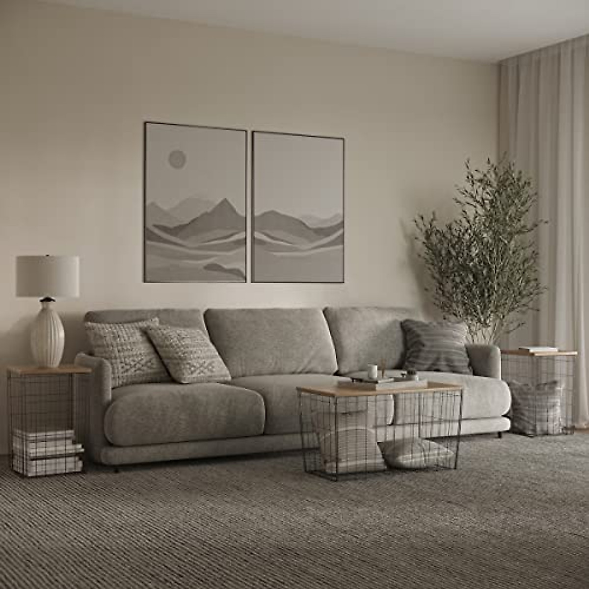 Lavish Home Set of 3 Living Room Tables - Metal Basket Storage with Removable Lids - 2 Small Side and 1 Large Accent Table (Brown/Black)