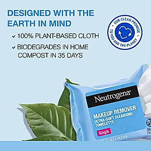 Neutrogena Makeup Remover Facial Cleansing Towelette Singles, Daily Face Wipes Remove Dirt, Oil, Makeup & Waterproof Mascara, Gentle, Individually Wrapped, 100% Plant-Based Fibers, 20 ct